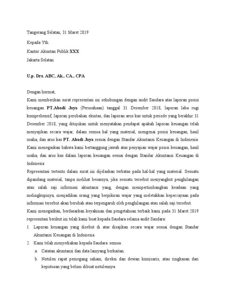 Contoh Client Representation Letter | PDF