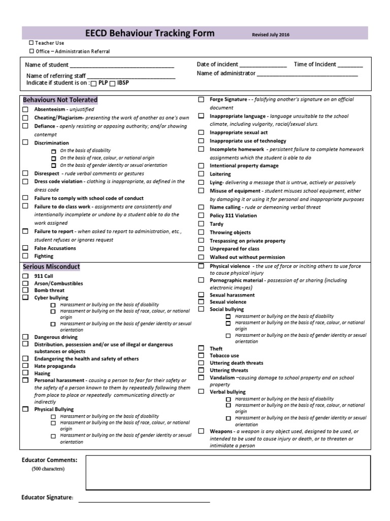 Behaviour Tracking Form Template Fillable Form Eecd | PDF | Bullying ...