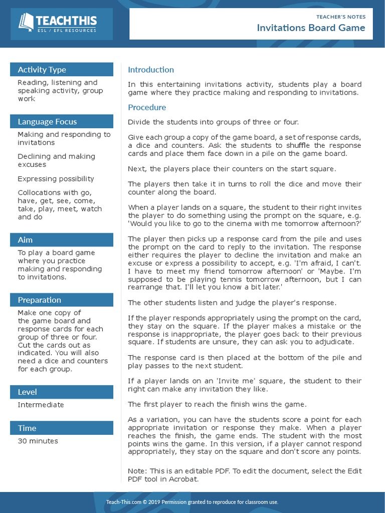 Invitations Board Game | PDF | English As A Second Or Foreign Language ...