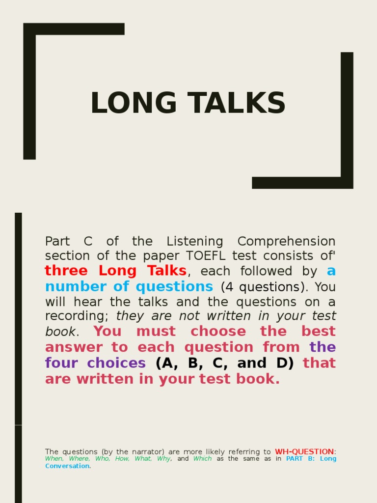 Understanding Long Talks in TOEFL | PDF | Question | Cognition