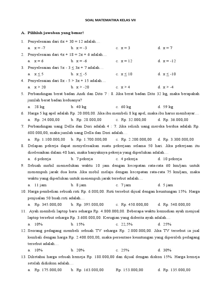 Soal Uas Genap Matematika Kelas Vii | PDF