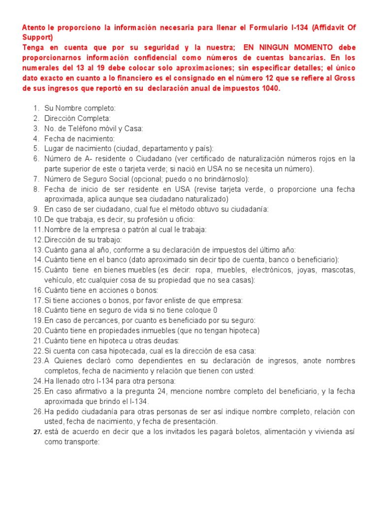 Preguntas para Formulario I-134 | PDF | Hipoteca Comercial | Finanzas y ...