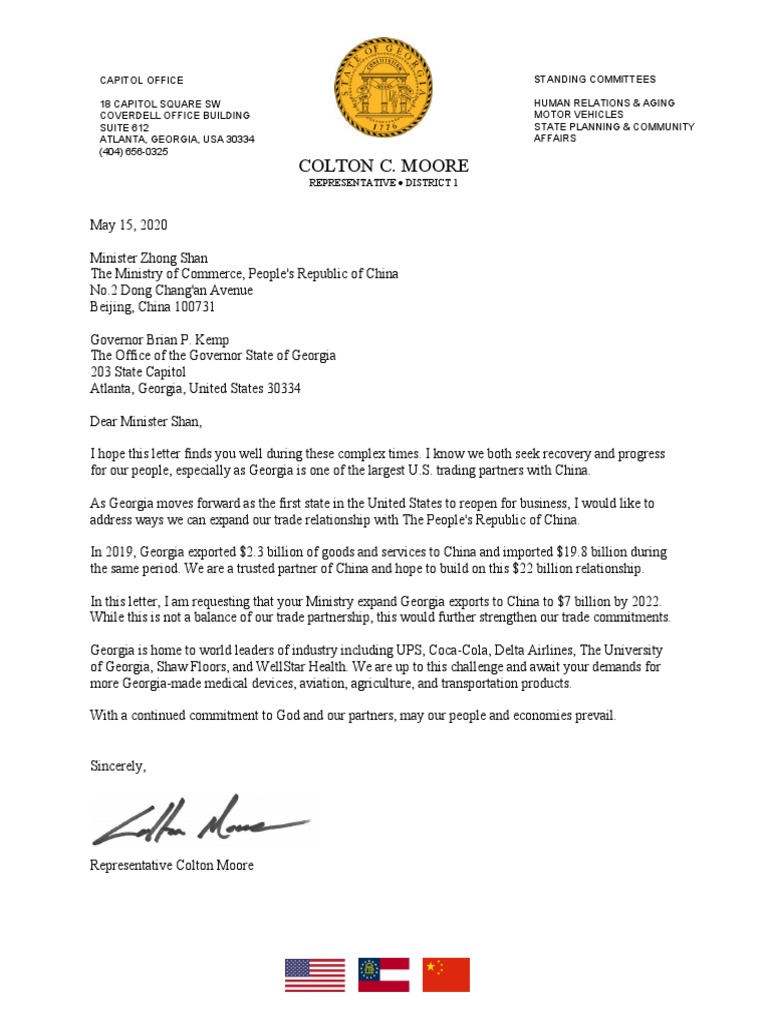 Rep. Colton Moore Letter To People's Republic of China | PDF | Georgia ...
