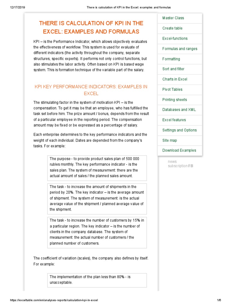 There Is Calculation of KPI in The Excel - Examples and Formulas | PDF | Performance Indicator ...
