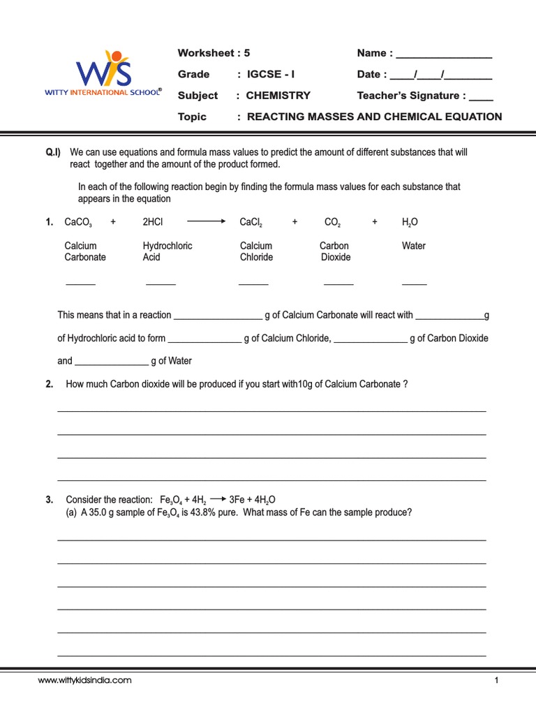 WS 5 IG I Chemistry REACTING MASSES AND CHEMICAL | PDF | Iron | Oxide