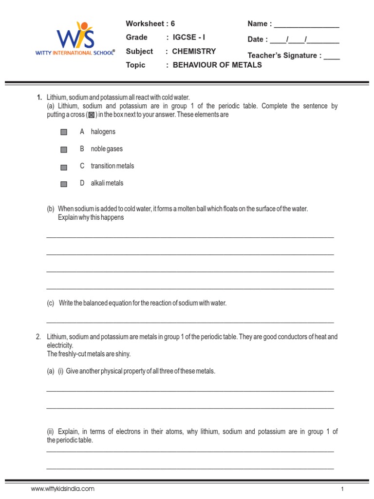 WS6 IG I Chemistry BEHAVIOUR OF METALS | PDF | Periodic Table | Sodium