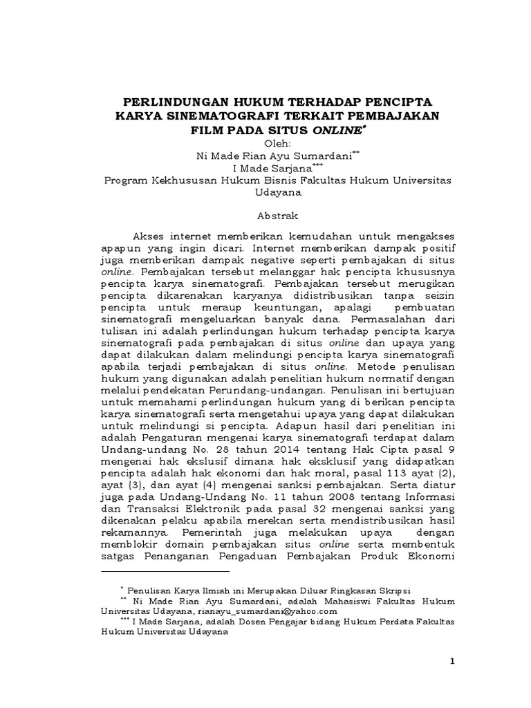 Perlindungan Hukum Terhadap Pencipta Karya Sinematografi Terkait ...