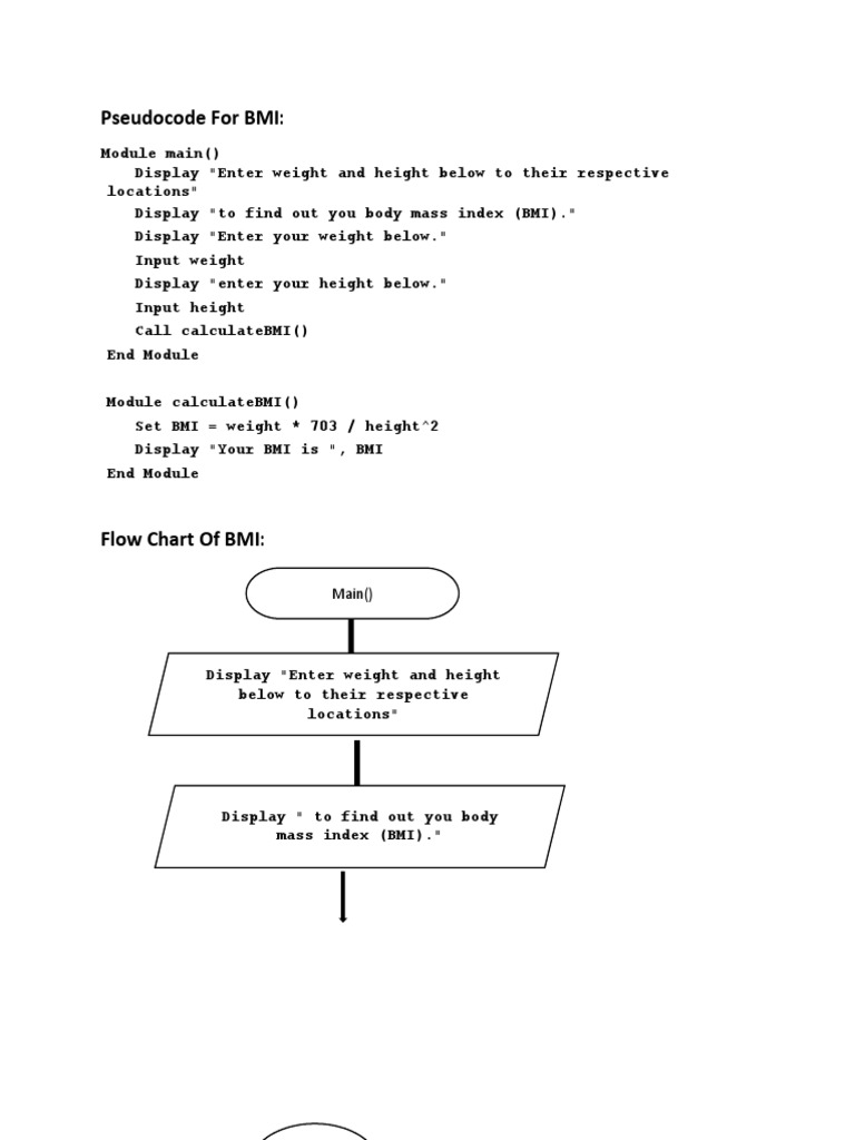 BMI Calculator Pseudocode and Flowchart | PDF | Finance & Money ...