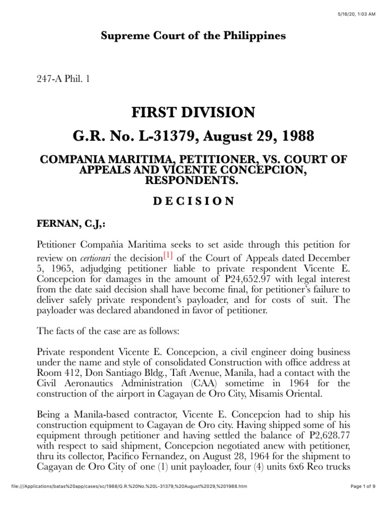 First Division G.R. No. L-31379, August 29, 1988: Supreme Court of The ...
