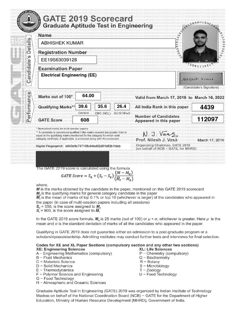 GATE 2019 Electrical Engineering Scorecard | PDF