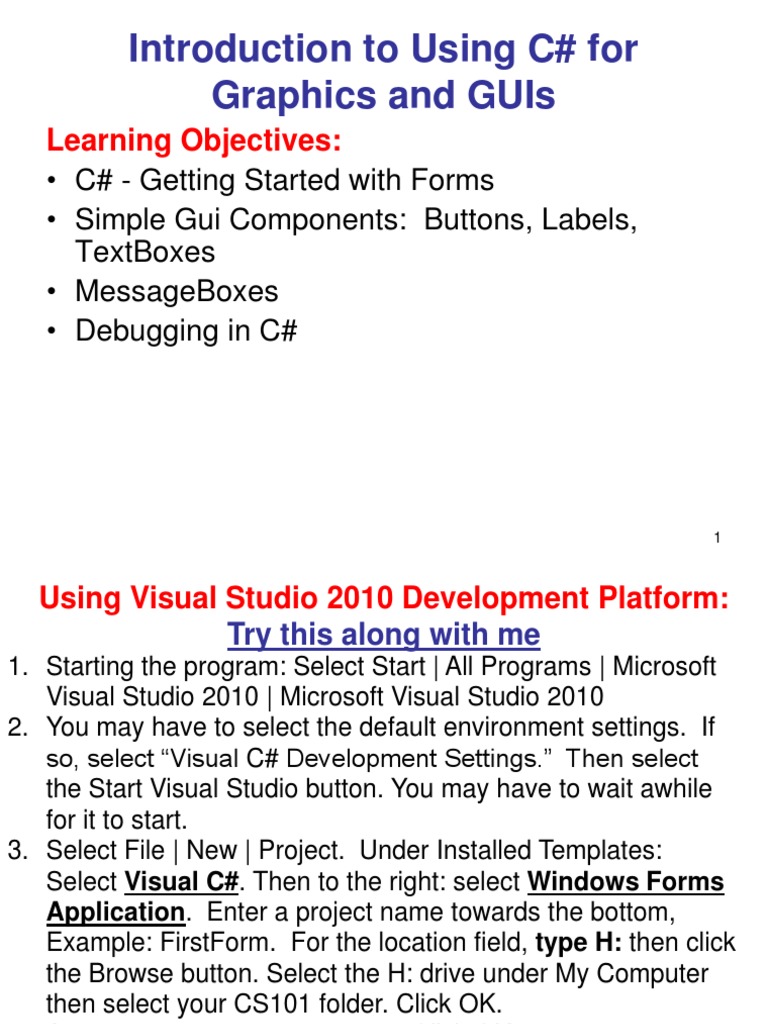 Introduction To Using C# For Graphics and Guis: Learning Objectives | PDF | Microsoft Visual ...