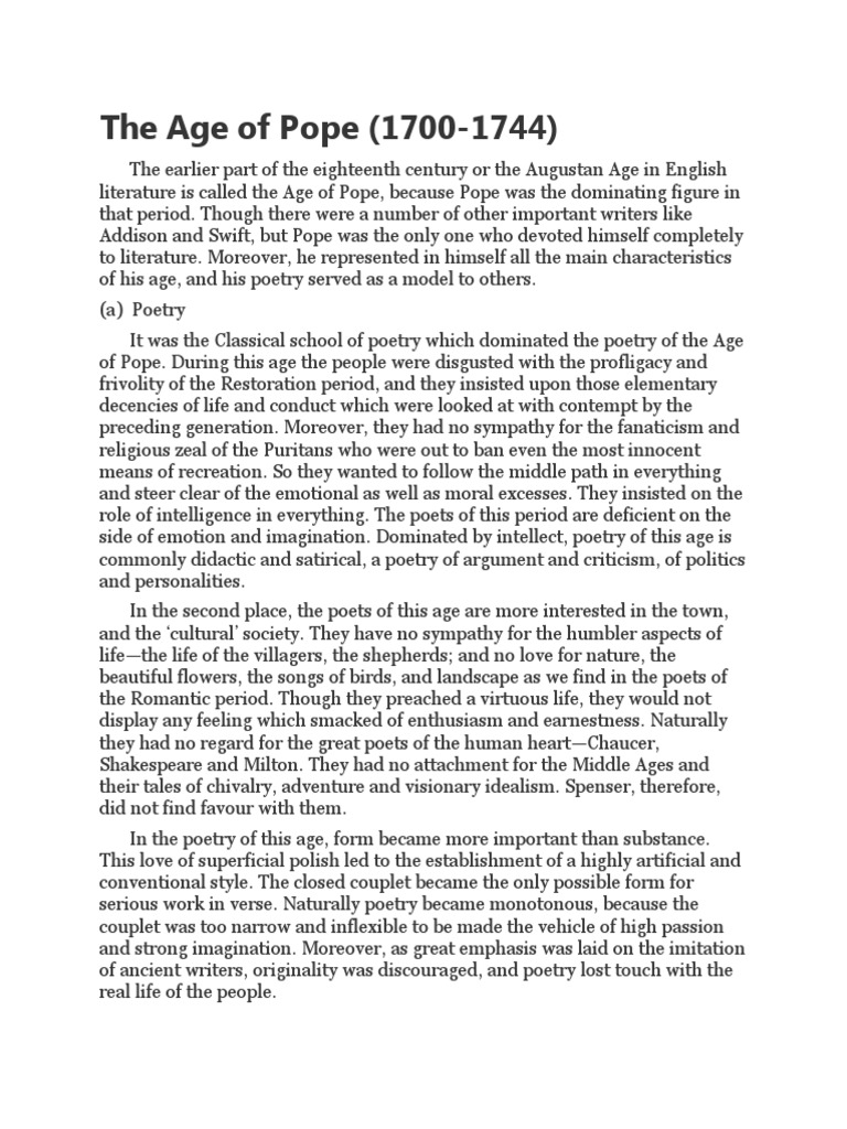 An Analysis of Poetry and Prose During the Age of Pope (1700-1744 ...