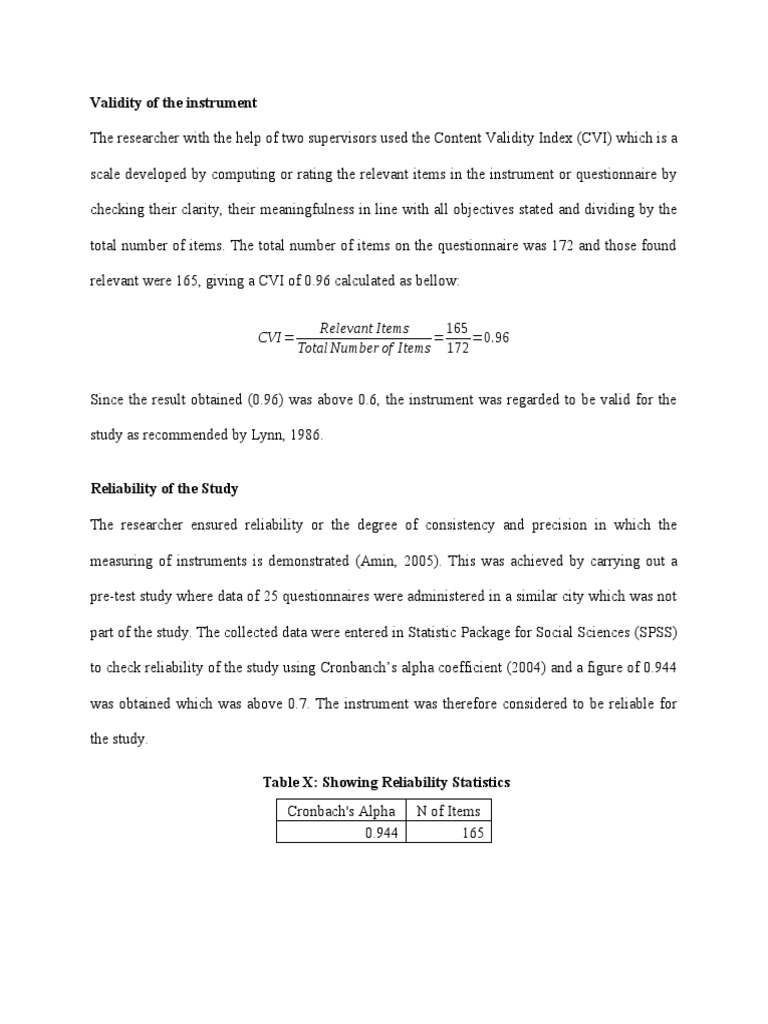 Validity of The Instrument: Cvi Relevant Items Total Number of Items | PDF
