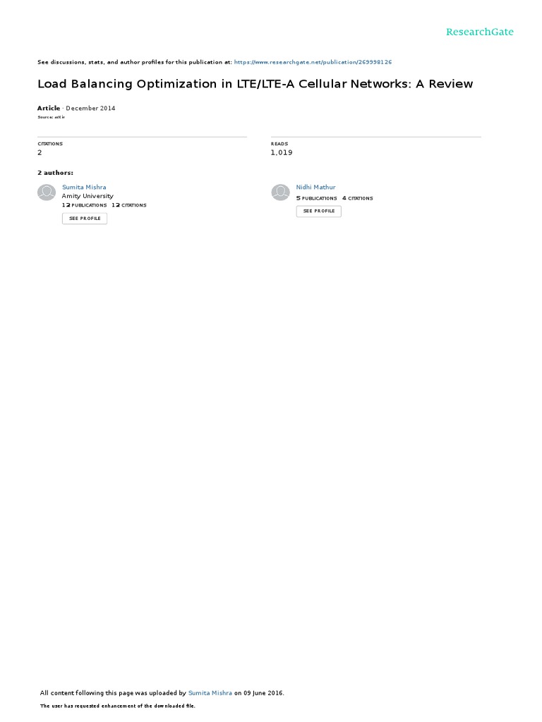 Load Balancing Optimization in LTE/LTE-A Cellular Networks: A Review ...