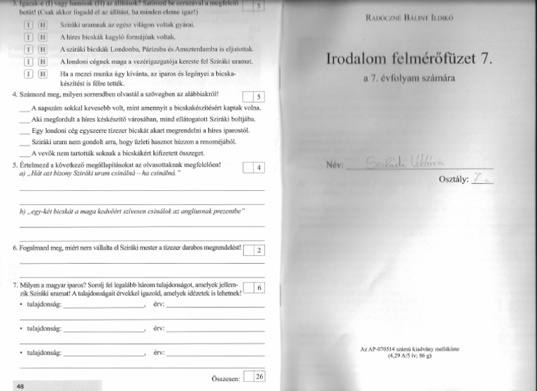 Irodalom Felmérő Füzet 7ady0001 PDF | PDF