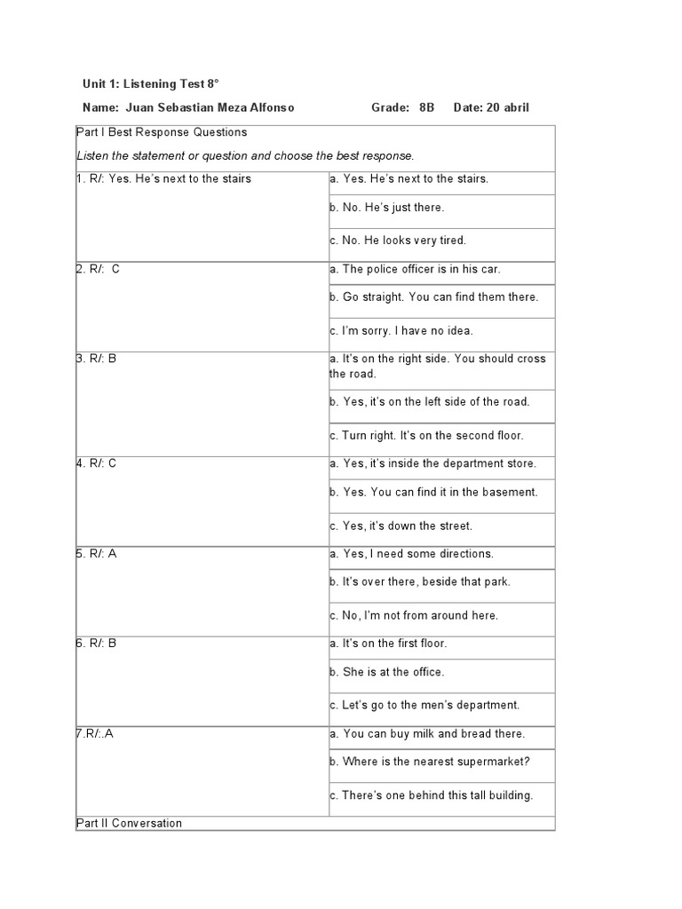 Listening and Reading Tests for 8th Grade Spanish Class | PDF