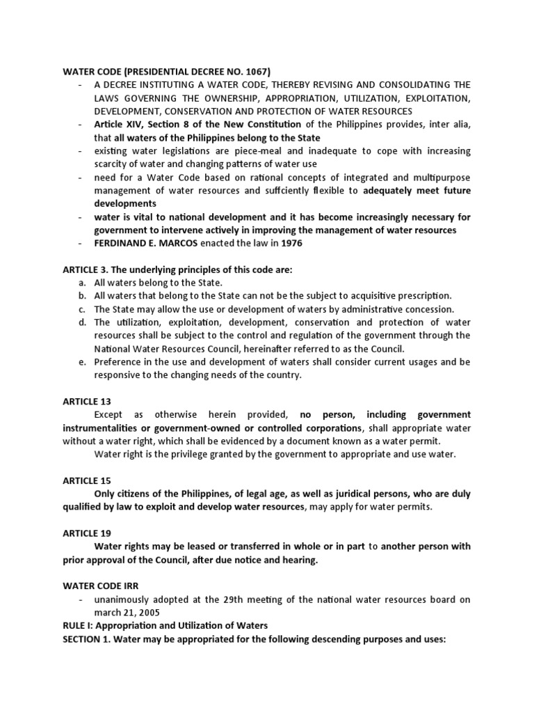 Philippines Water Code Overview | PDF | Lease | Water Resources
