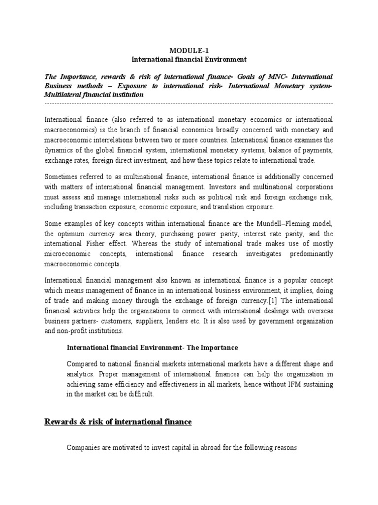 Module-1 International Financial Environment: Rewards & Risk of ...