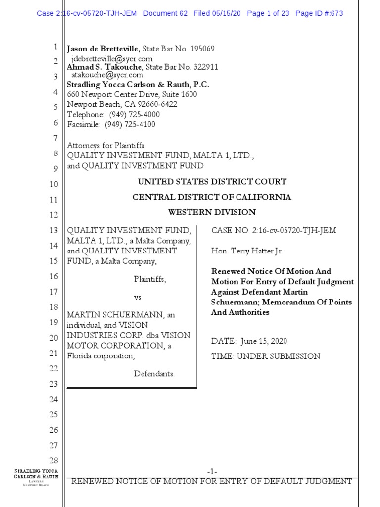 USDC Doc. #62 Through 62-17 - Renewed Notice of Motion and Motin For Entry of Default Judgment ...