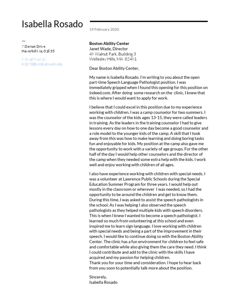 Cover Letter Final Draft 1 | PDF | Speech Language Pathology ...
