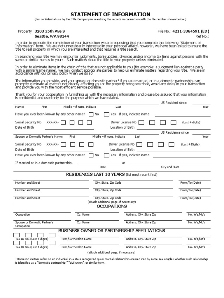 Statement of Information: Seattle, WA 98144 | PDF | Domestic ...