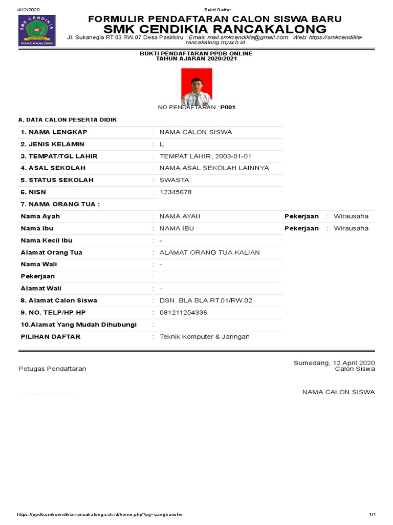 Formulir Pendaftaran Siswa Baru SMK | PDF