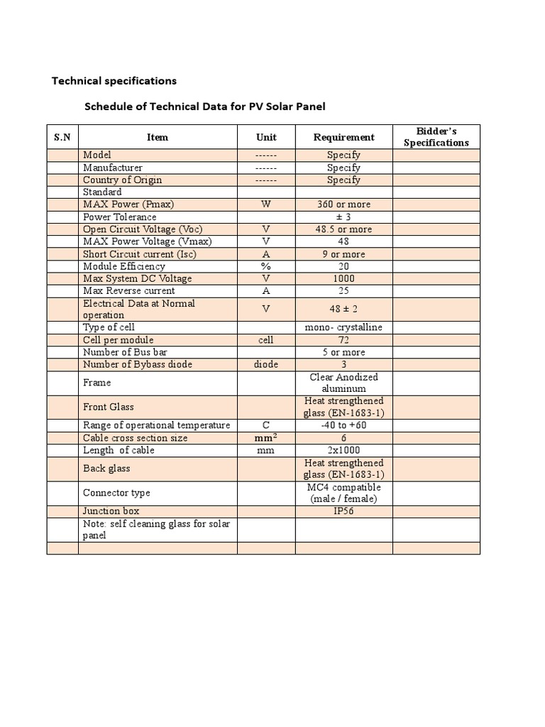 Technical Specifications Schedule of Technical Data For PV Solar Panel ...