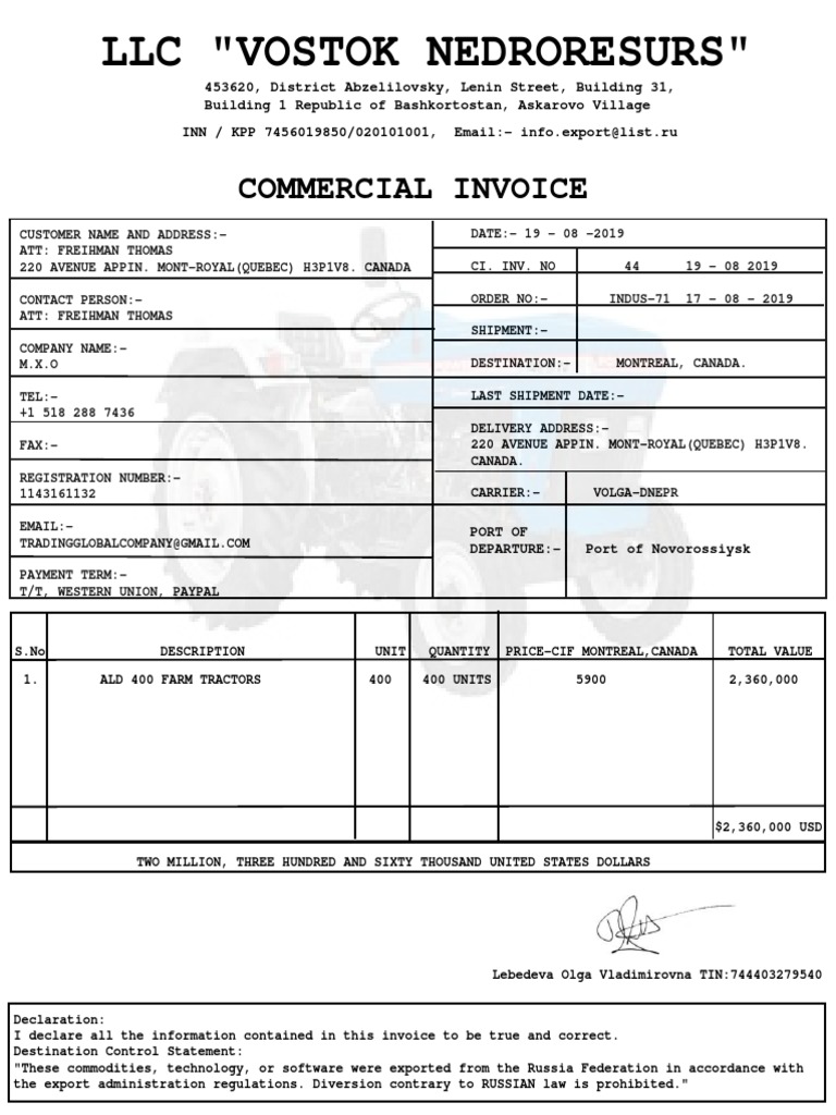 Ald 400 Farm Tractor Commercial Invoice PDF | PDF | Invoice | Business