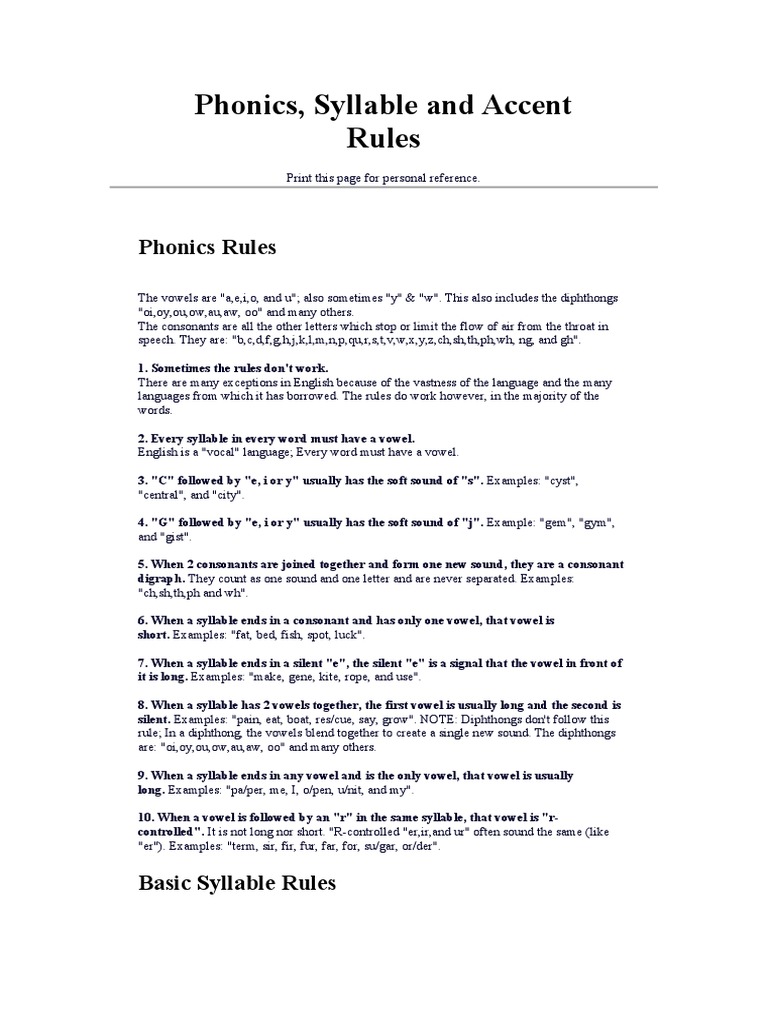 Phonics and Syllable Division Rules | PDF | Stress (Linguistics ...