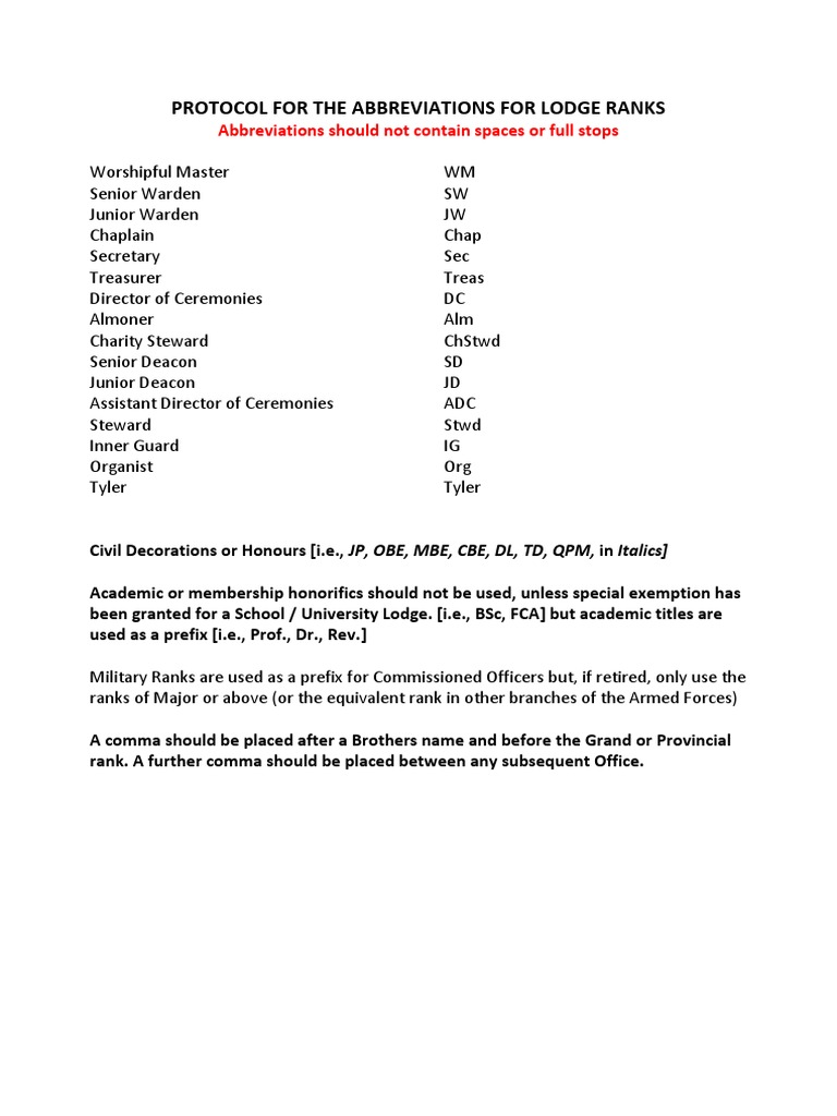 Correct Abbreviations For Craft Masonic Ranks | PDF | Order Of The ...