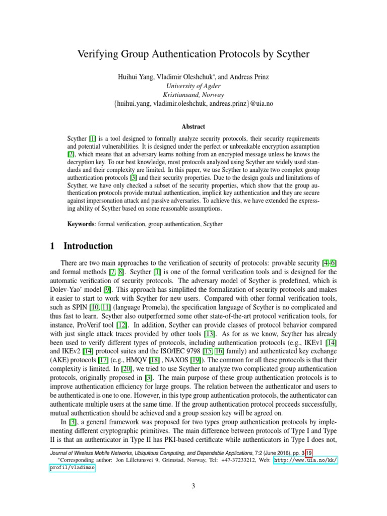 Verifying Group Authentication Protocols by Scyther | PDF | Cryptography | Authentication