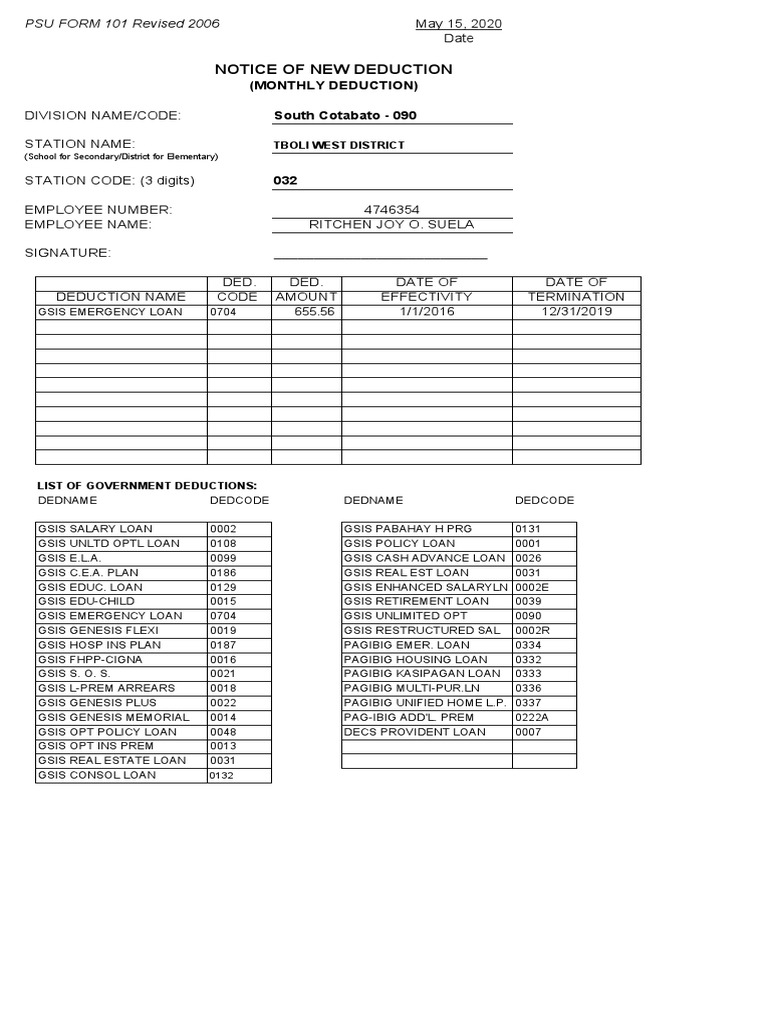 PSU Form 101: Monthly Deductions Notice | PDF | Business