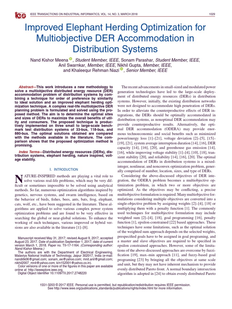 Improved Elephant Herding Optimization For Multiobjective DER Accommodation in Distribution ...