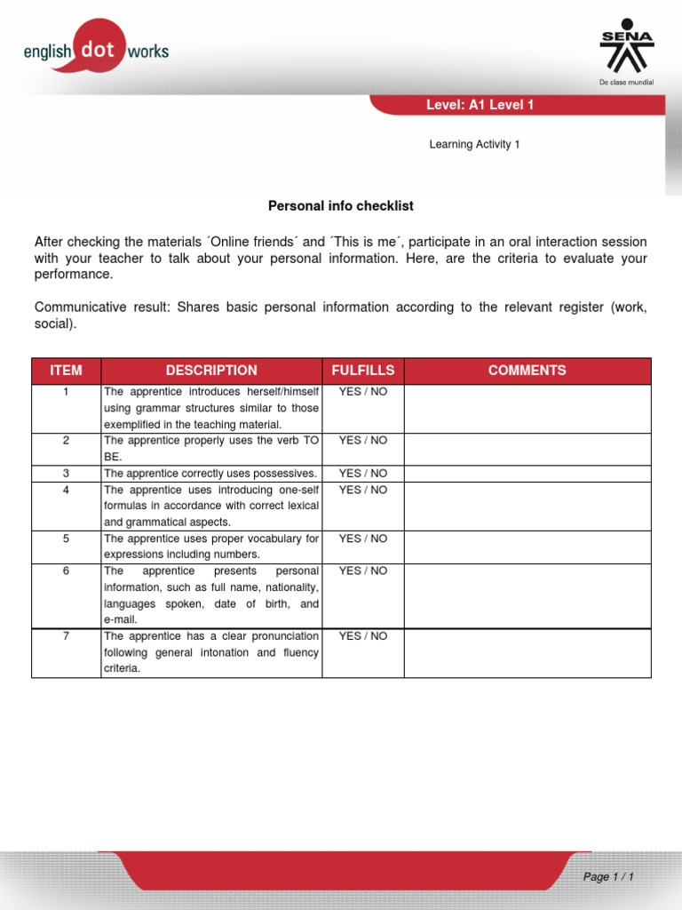 Level: A1 Level 1: Personal Info Checklist | PDF