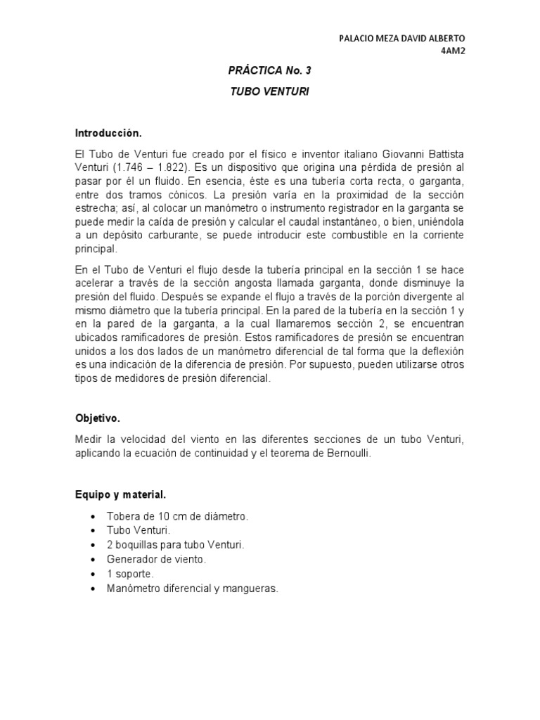 Practica Tubo Venturi | PDF | Gases | Física Aplicada e Interdisciplinaria