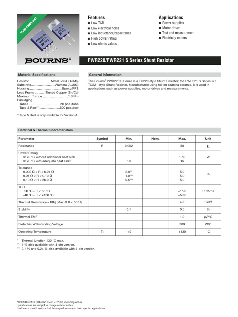 PWR220/PWR221 S Series Shunt Resistor: Features Applications | PDF | Resistor | Engineering ...