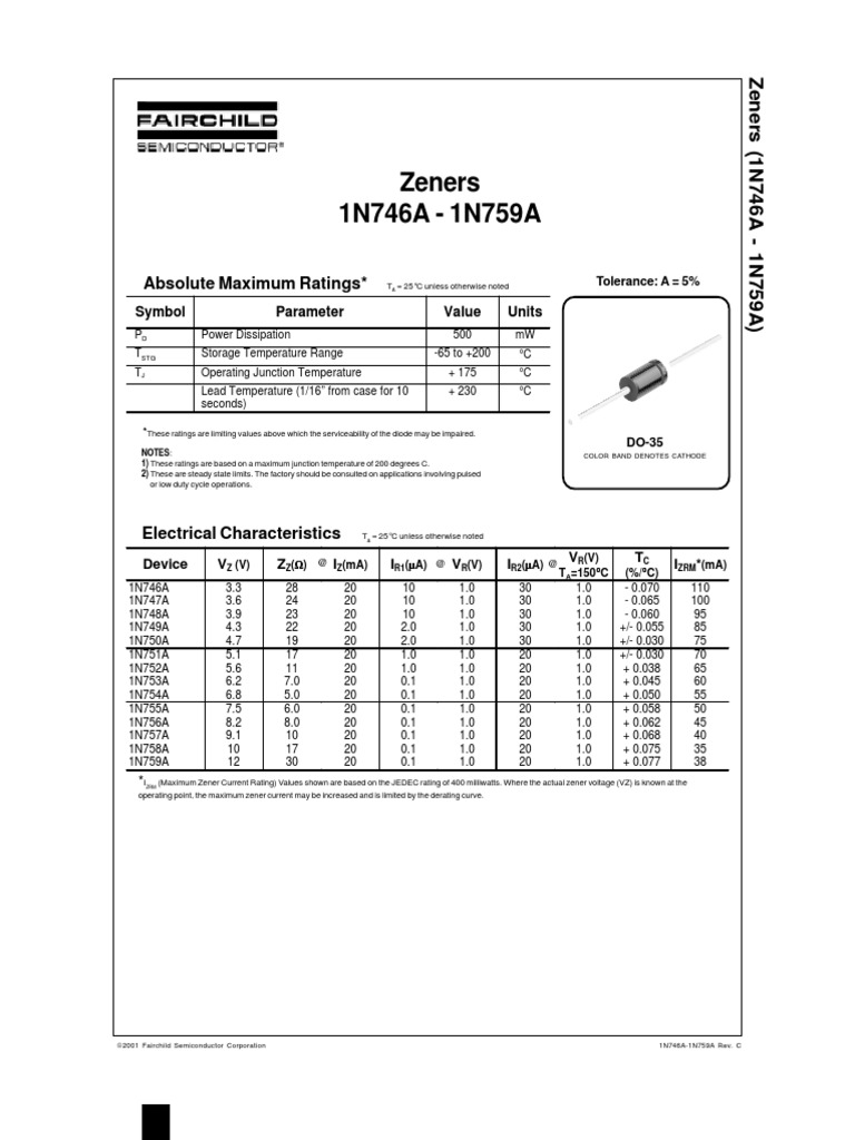 Zeners 1N746A - 1N759A: Absolute Maximum Ratings | PDF | Electrical ...
