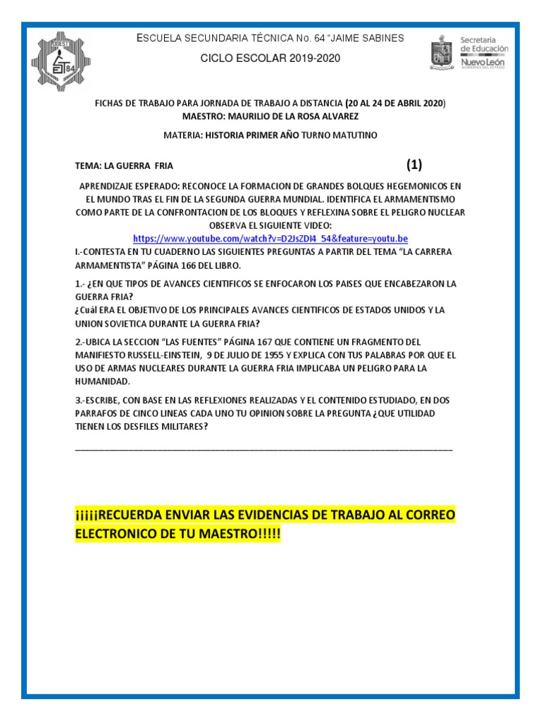 1o. HISTORIA PRIMER GRADO | PDF | Guerra Fría | Agitación