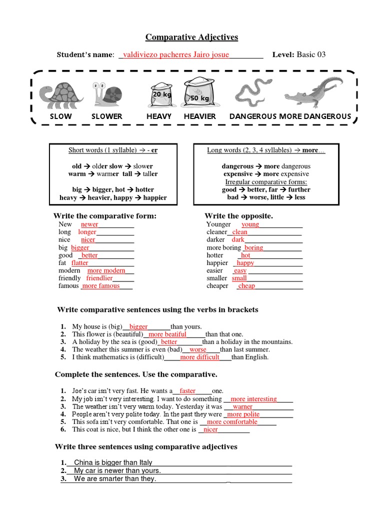 Comparative Adjectives: Student's Name: Level: Basic 03 | PDF | Grammar ...