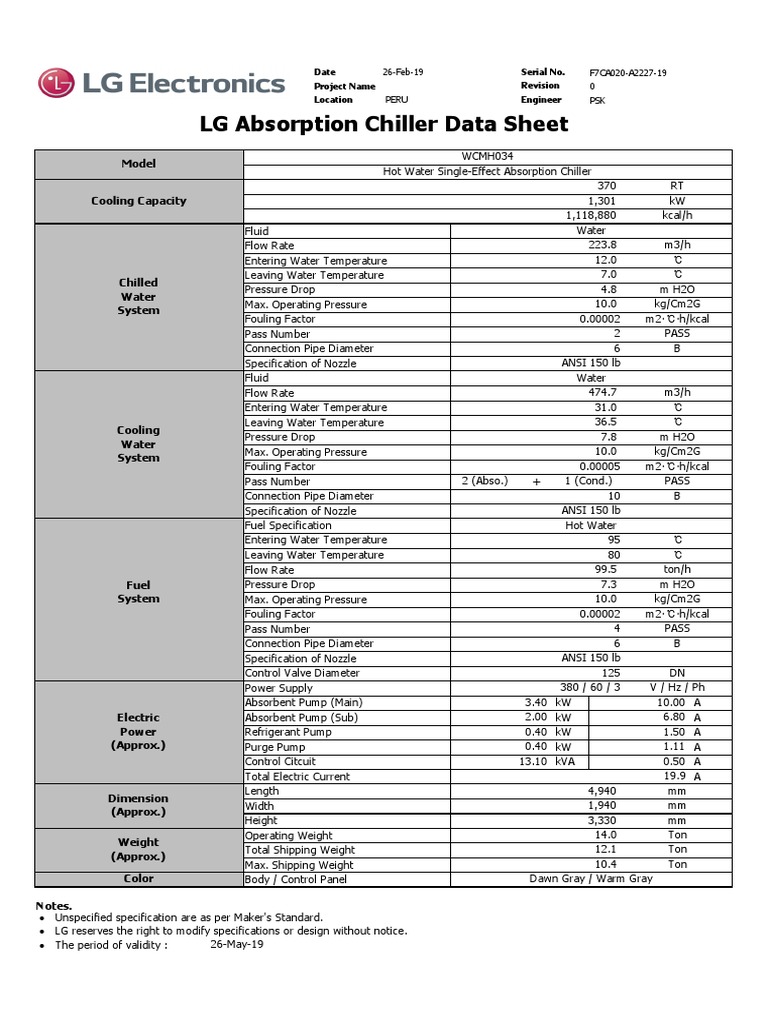 LG Absorption Chiller Data Sheet | PDF | Gas Technologies | Engineering ...