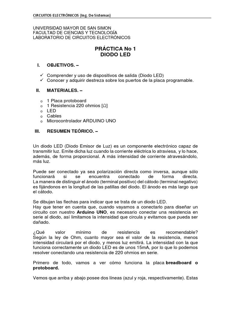 Práctica #1 Arduino Umss | PDF | Diodo | Diodo emisor de luz