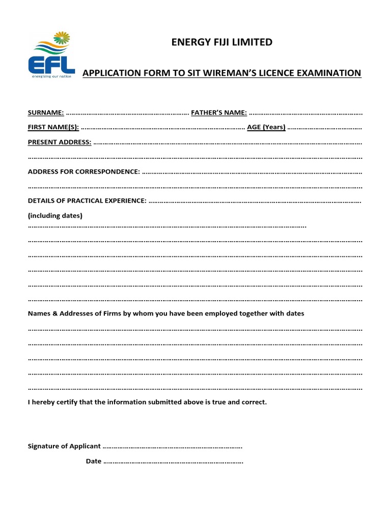 Energy Fiji Limited: Application Form To Sit Wireman'S Licence ...