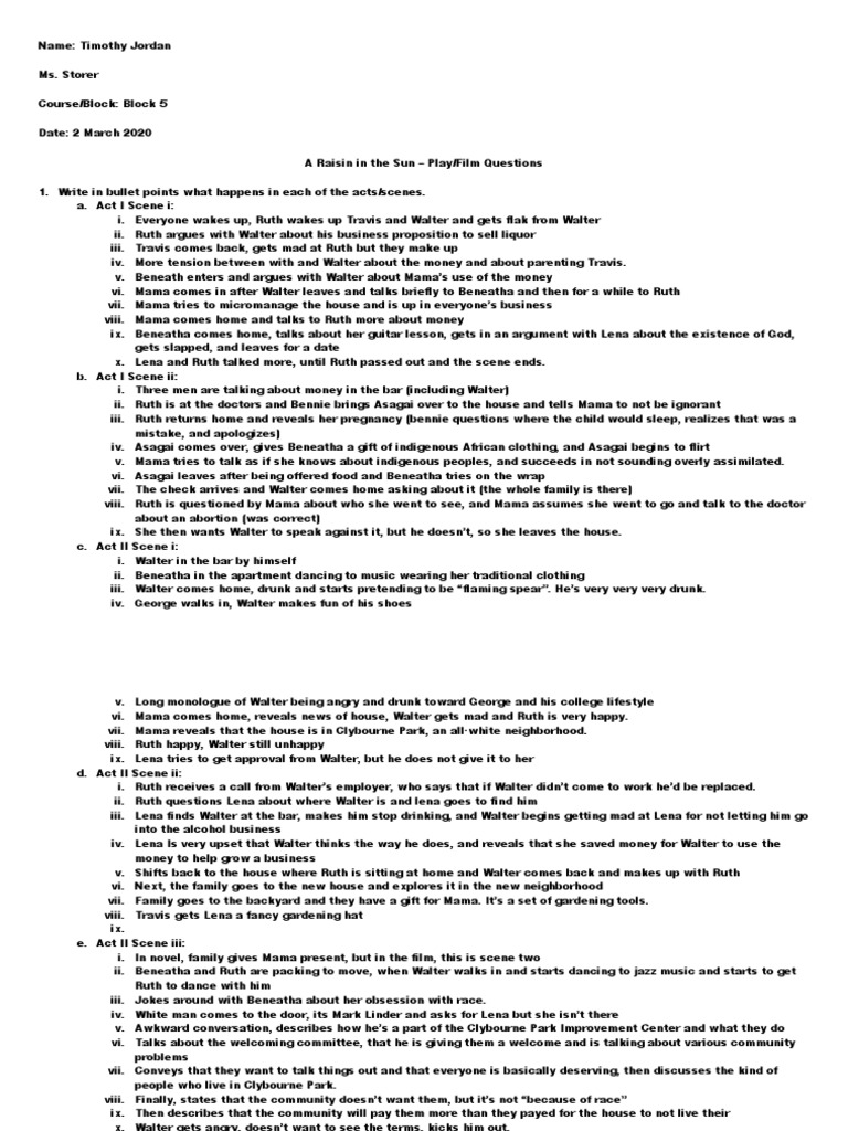 A Raisin in The Sun Film Questions | PDF | Psychological Concepts