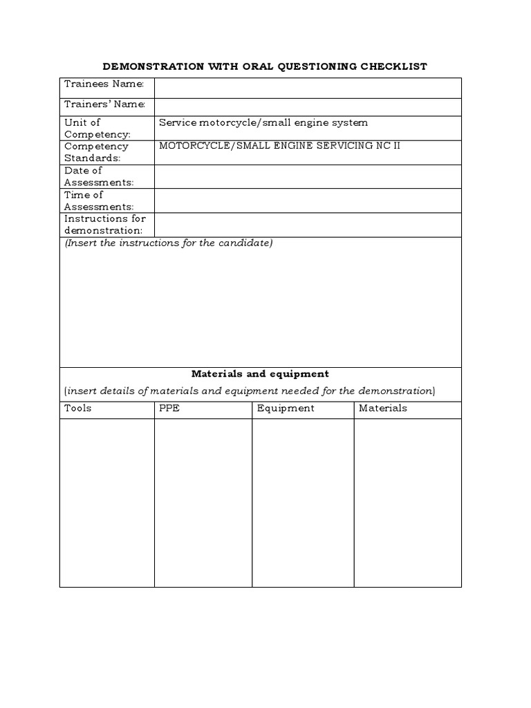 11 Demonstration With Oral Questioning Checklist | PDF | Safety | Business