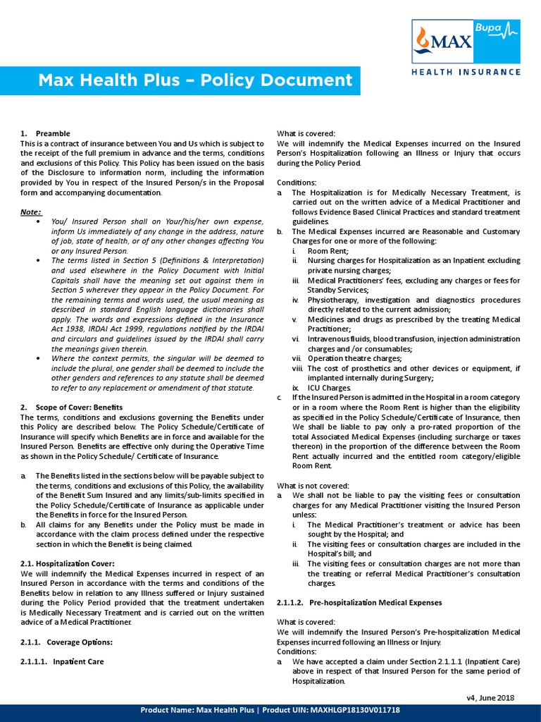 Maxhealthplus Policydocument | PDF | Deductible | Insurance