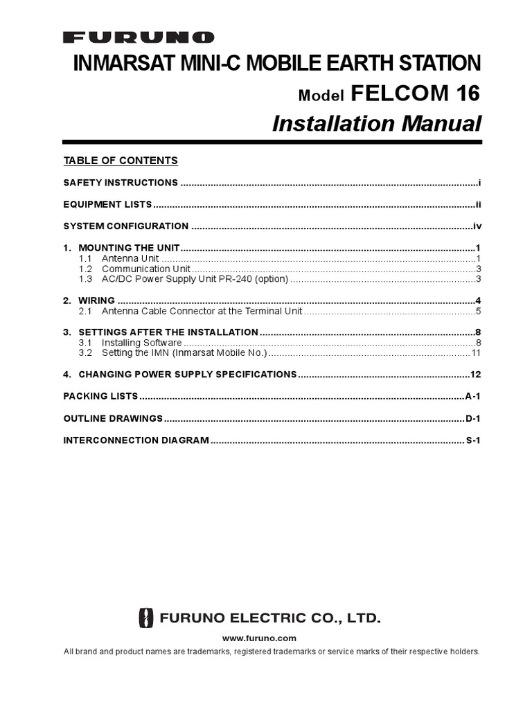 Inmarsat Mini-C Mobile Earth Station Felcom 16: Installation Manual ...