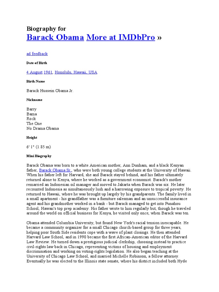 Biography For Obama | PDF | Barack Obama | Presidents Of The United States