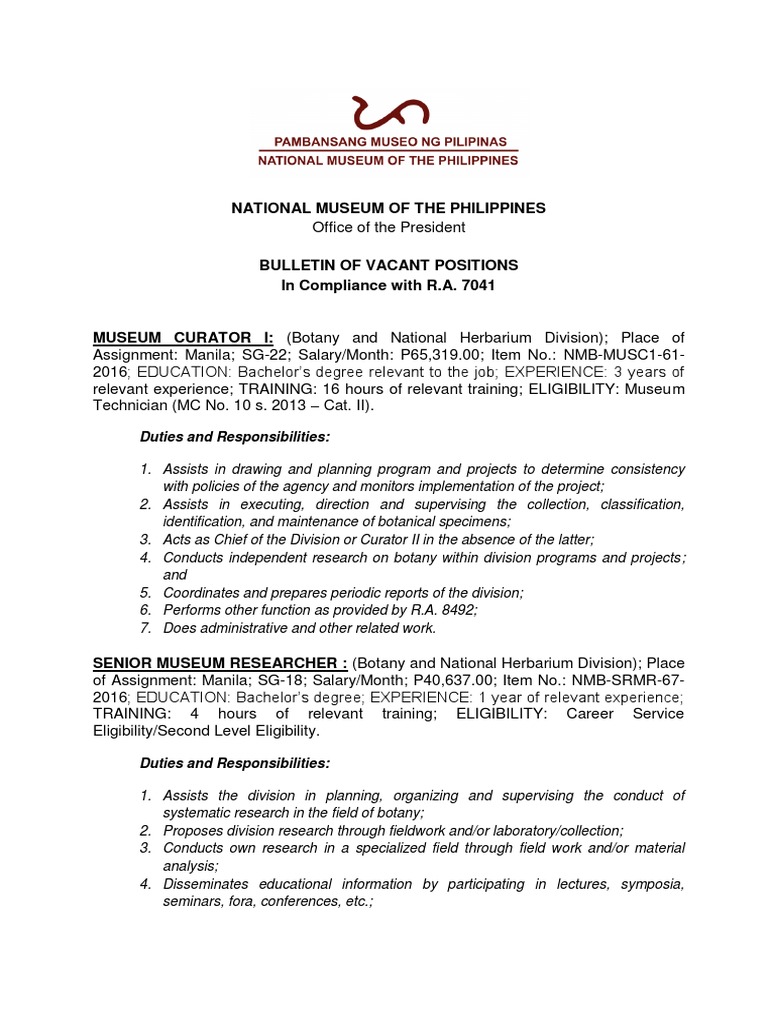 Vacant Positions at the National Museum of the Philippines' Botany and ...