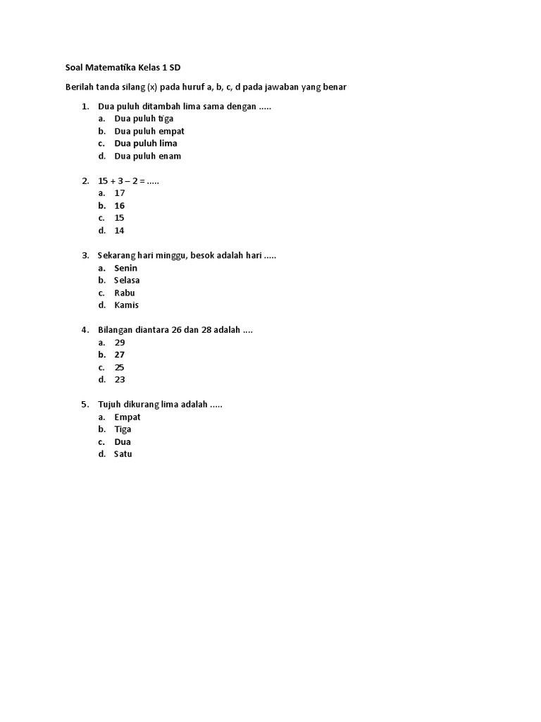 Soal Matematika Kelas 1 SD | PDF