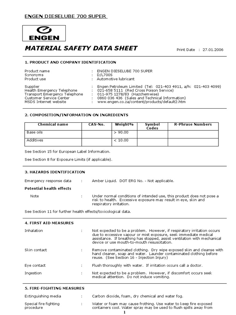 Material Safety Data Sheet: Engen Dieselube 700 Super | PDF | Toxicity ...